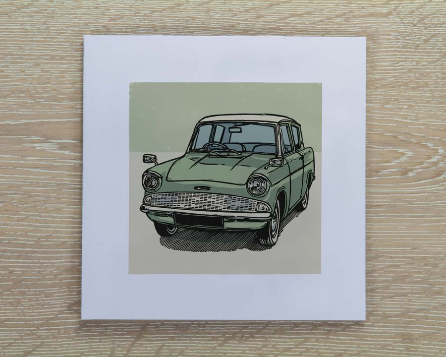 Ford Anglia Classic Car Greetings Card - Inky Crow Art